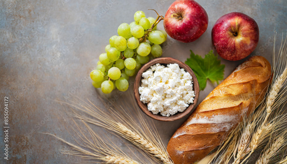 Shavuot greeting card template with cottage cheese, grapes, bread, and ...