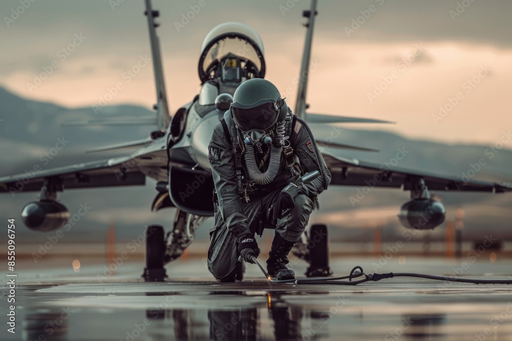 Pilot in Full Flight Gear Conducting Pre-Flight Check on Fighter Jet at ...