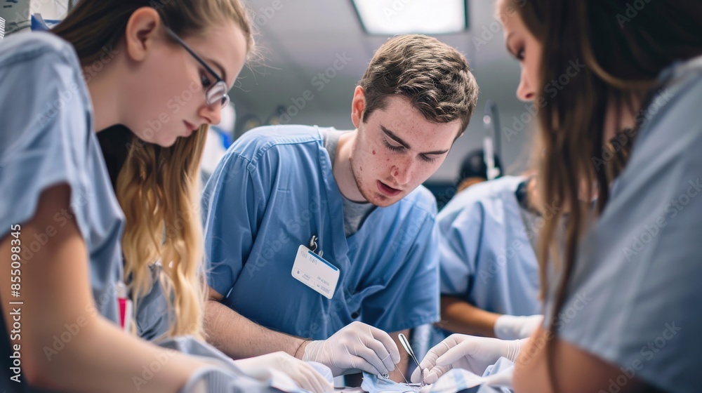 Foto de Medical students dissect a cadaver in an anatomy lab do Stock ...