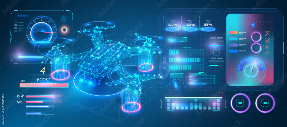 A detailed futuristic HUD interface displaying a drone with various ...