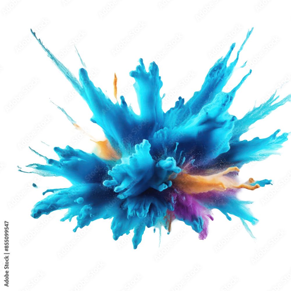 Explosion of blue colour.Dust in blue gradient explosion on white or ...