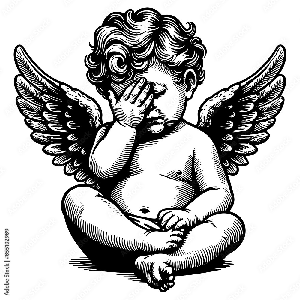 cherub angel sitting with one hand covering its face, expressing ...