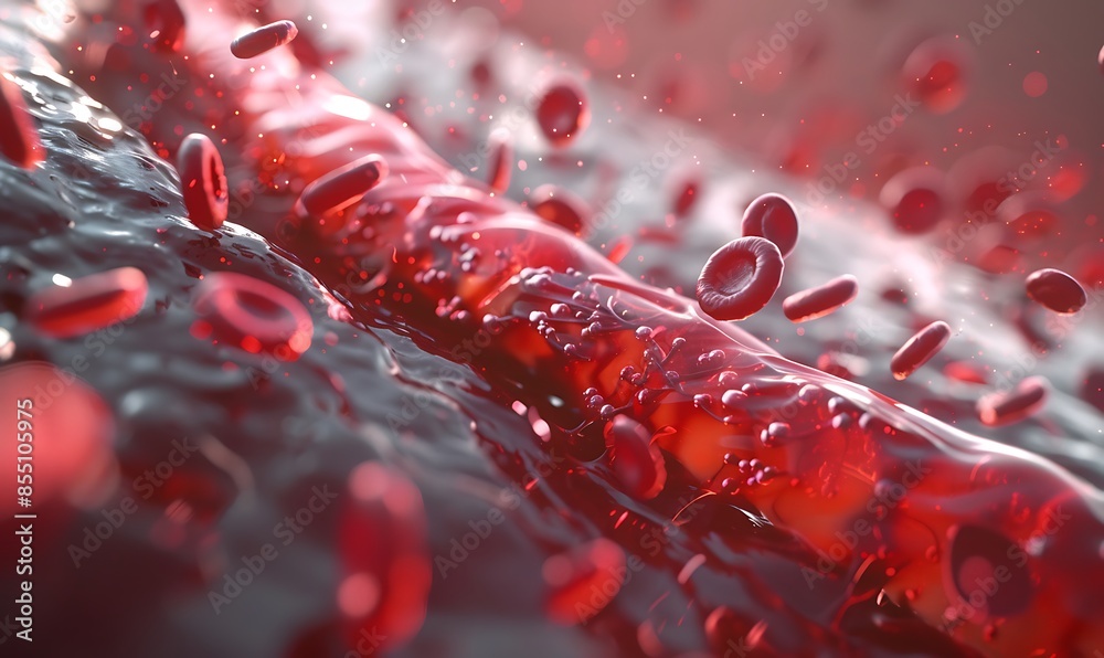 A detailed 3D representation of an artery filled with red blood cells ...