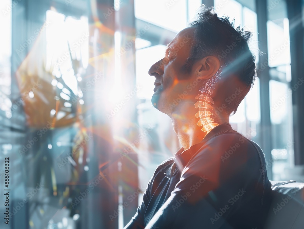 Anatomy of Neck Pain - Man in Distress with Detailed Cervical Spine ...