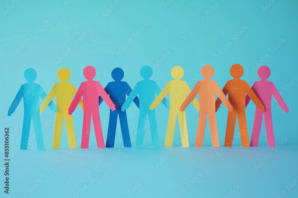 Colorful Paper Cutout People Holding Hands in Unity Against Blue ...