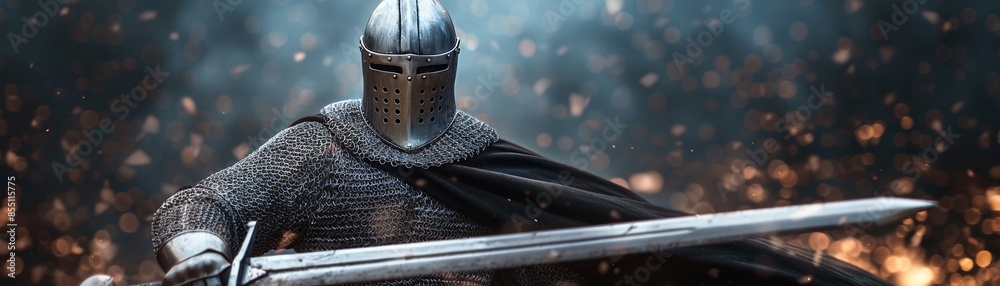 Templar knight with a cape, wielding a gleaming sword, striking a ...