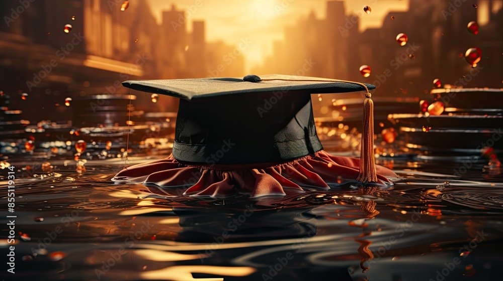 Floating graduation cap with a diploma background Stock Illustration ...