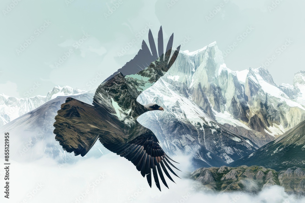 A majestic condor soars above snow-capped mountains, its wings spread ...