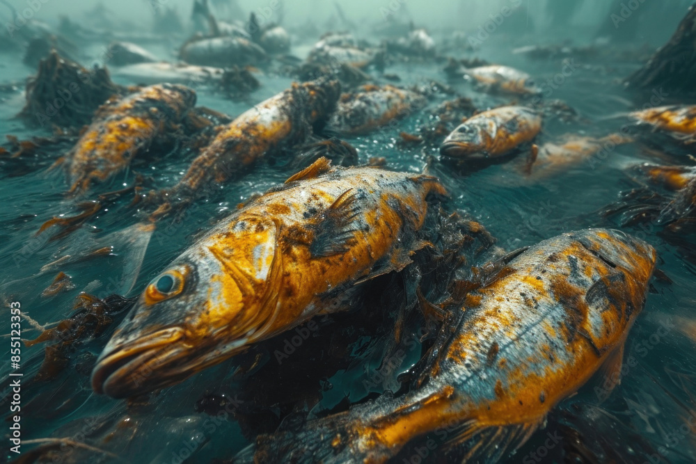 Dead fish in polluted water showing environmental pollution impact ...