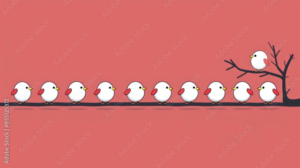 Vector illustration of multiple birds on a lavender background, simple ...