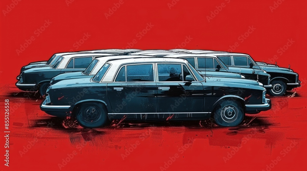 Vector illustration of multiple cars on a red background, simple design ...
