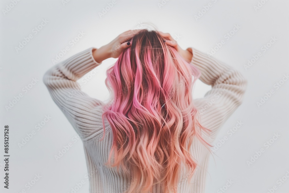 woman with long, wavy hair dyed in a gradient of pink hues, from dark ...