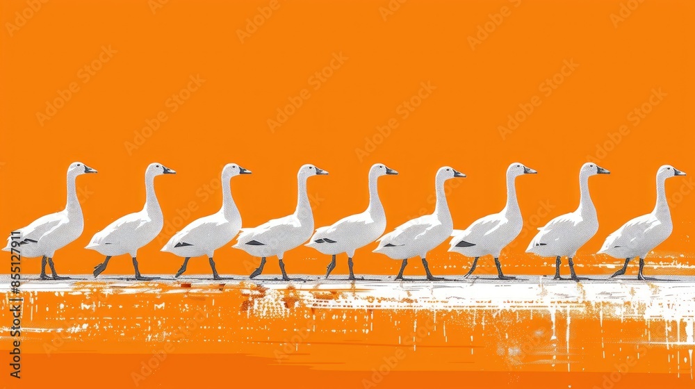 Vector illustration of multiple ducks on a blue background, simple ...