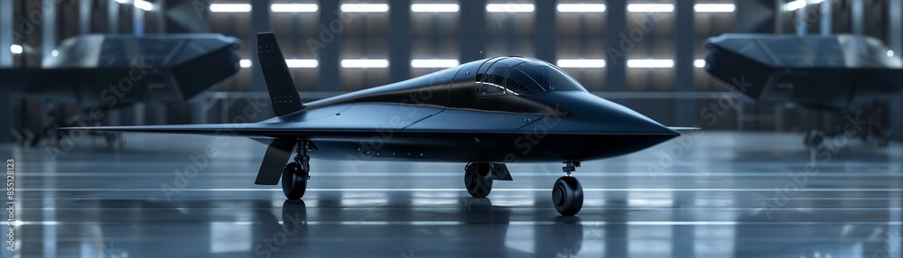 Sophisticated black starship stationed in a hightech hangar with ...