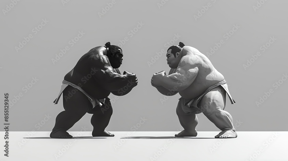 Two sumo wrestlers face off in a black-and-white image, showcasing ...