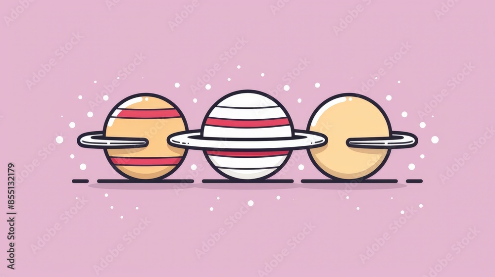 Vector illustration of multiple planets on a purple background, simple ...