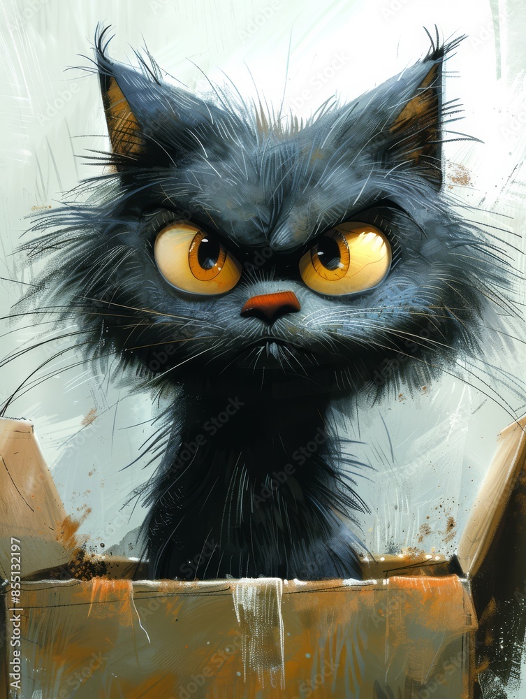 Grumpy Kitten with an Intense Stare, Popping Out of a Cardboard Box ...