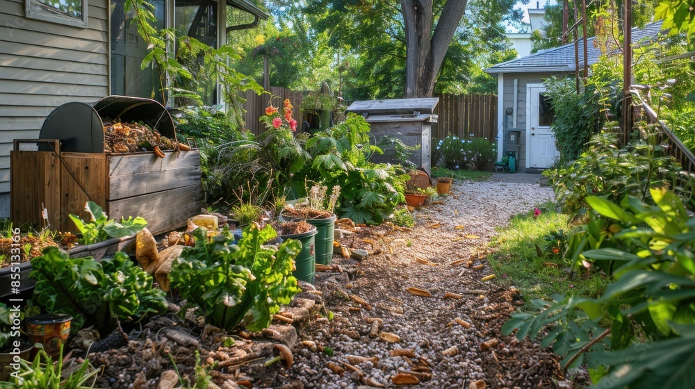 Composting area in a backyard garden, organic waste management setup ...