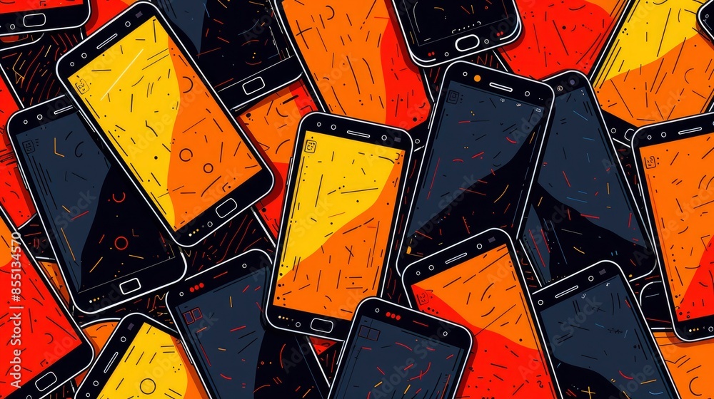 Vector illustration of multiple smartphones on a blue background ...