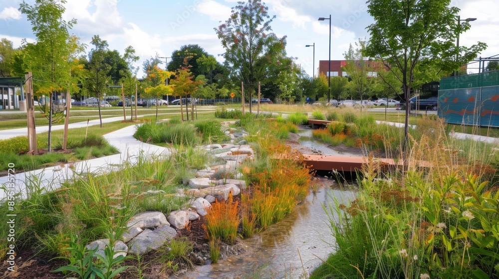 Bioswales in an urban park, managing stormwater naturally, front view ...