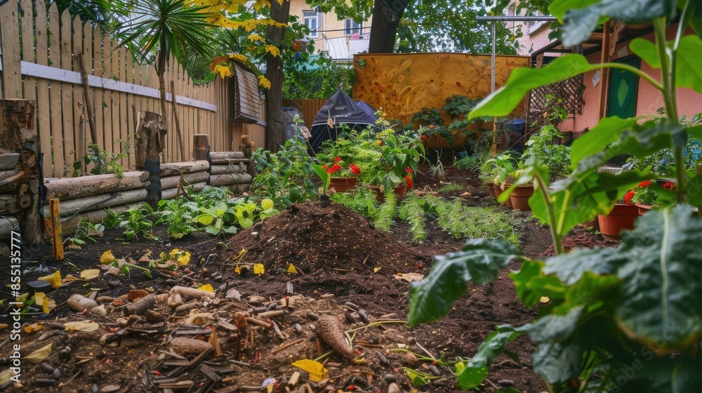 Composting area in a backyard garden, organic waste management setup ...