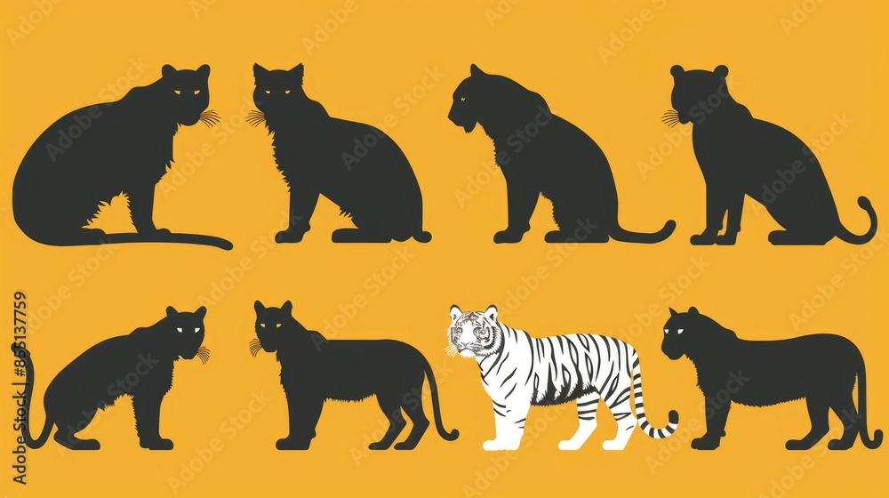 Vector illustration of multiple tigers on an orange background, simple ...