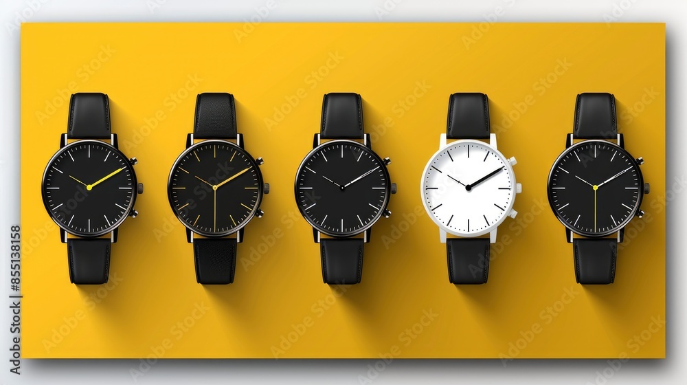 Vector illustration of multiple watches on a blue background, simple ...