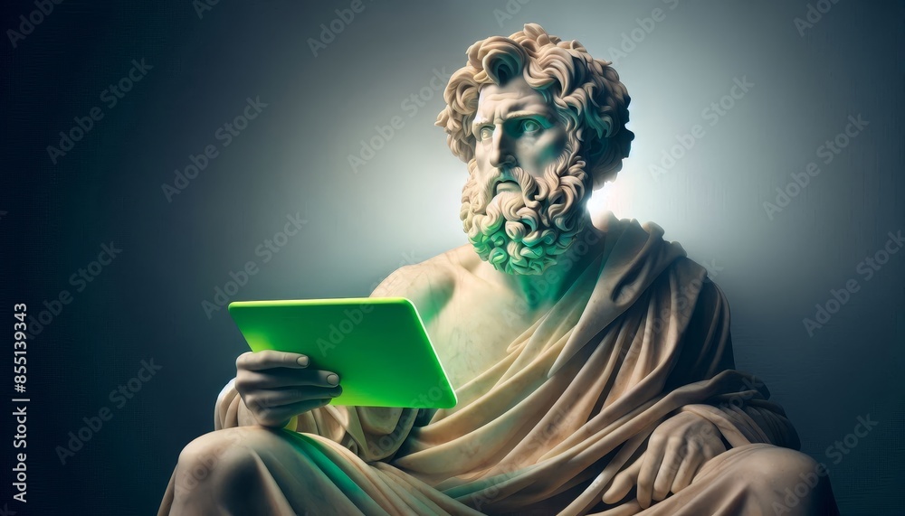 Ancient Philosopher Uses Modern Technology - A stone sculpture of an ...