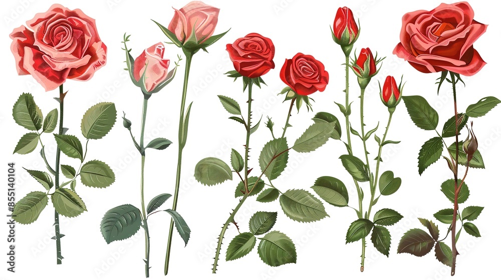 Detailed illustrations of roses showing the flowering stages from bud ...