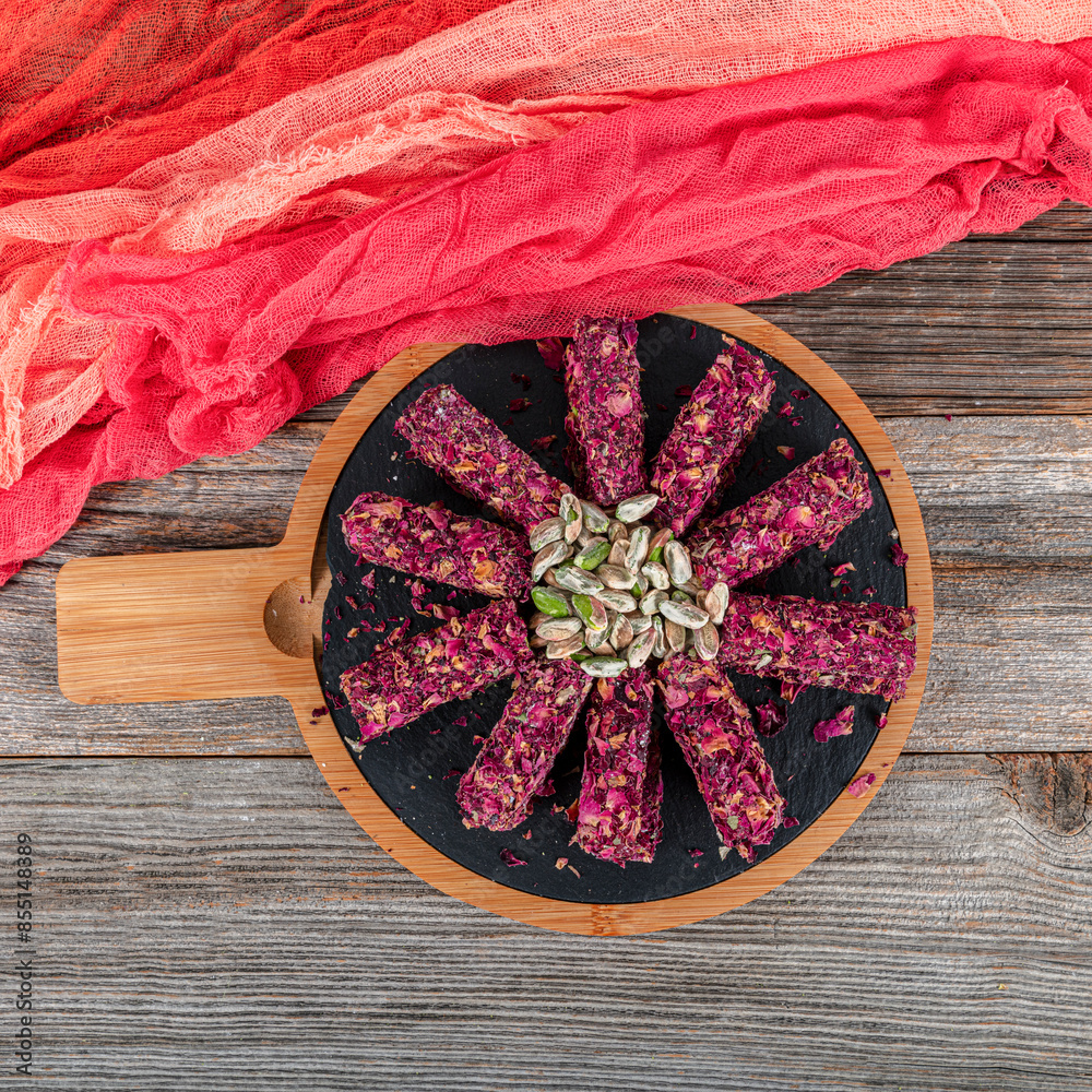 Rosy Turkish Delight with Pistachio and Rose. Sweet roll with roses and ...