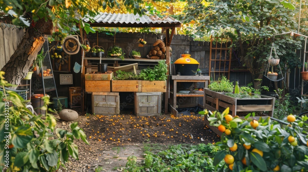 Composting area in a backyard garden, organic waste management setup ...