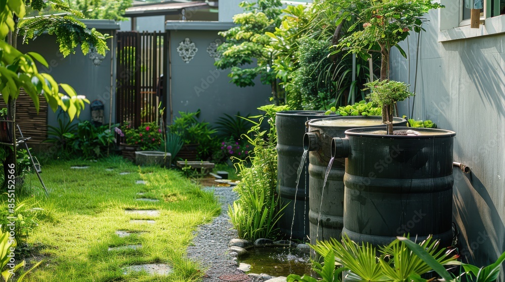 Rainwater collection barrels in a home garden, sustainable water ...