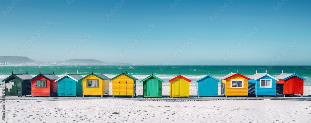 Beach background with bright, colorful beach huts lined up along the ...