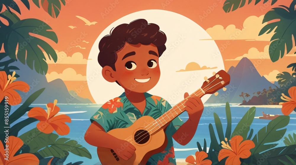 cartoon illustration of cute kids play ukulele Stock Illustration ...
