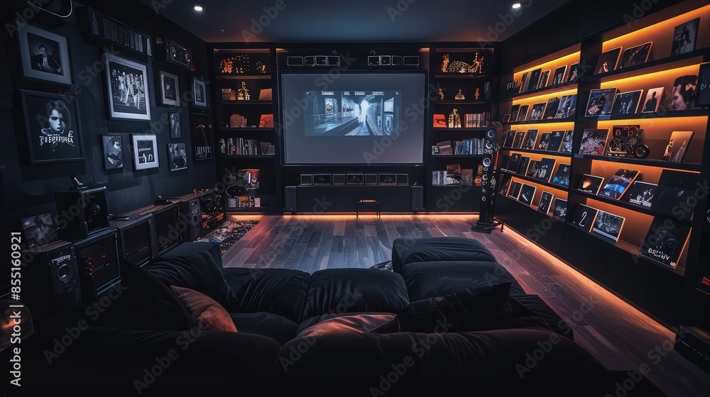 A dark, cinematic living room with a comfortable black couch facing a ...