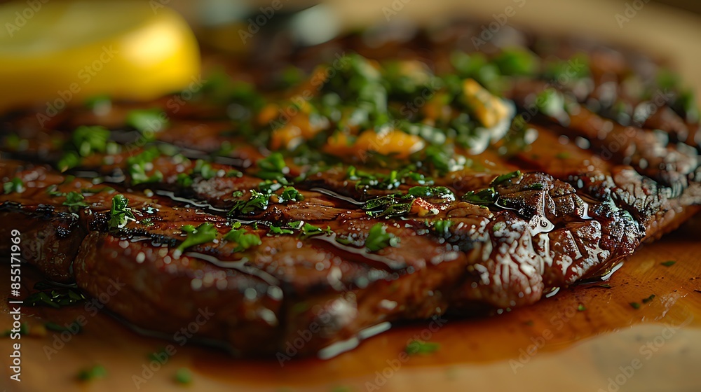 A close-up shot of a flank steak topped with a compound butter and ...