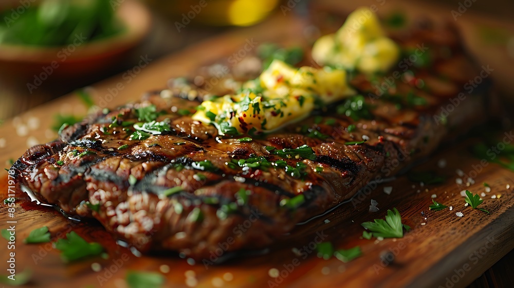 A close-up shot of a flank steak topped with a compound butter and ...