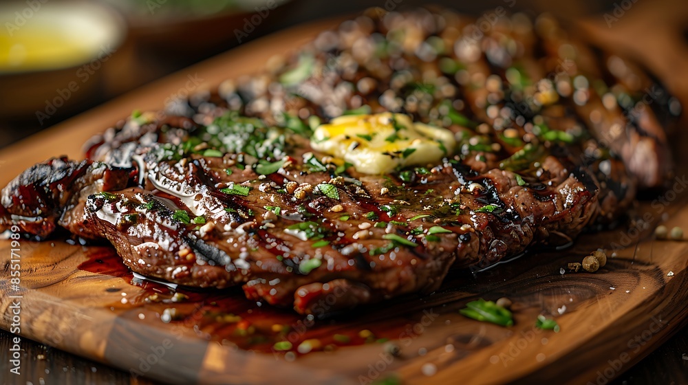 A close-up shot of a flank steak topped with a compound butter and ...