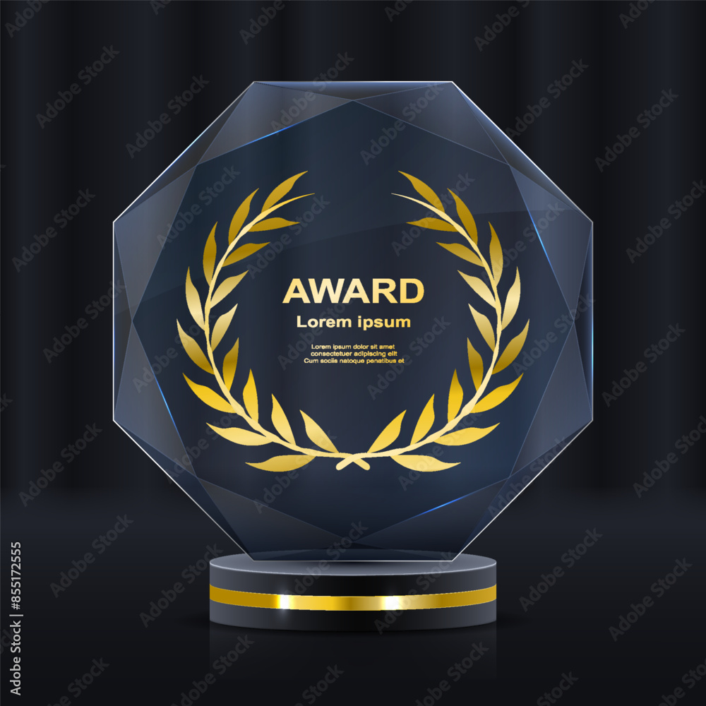 Set of glass award trophy with laurel wreath. Transparent prize ...