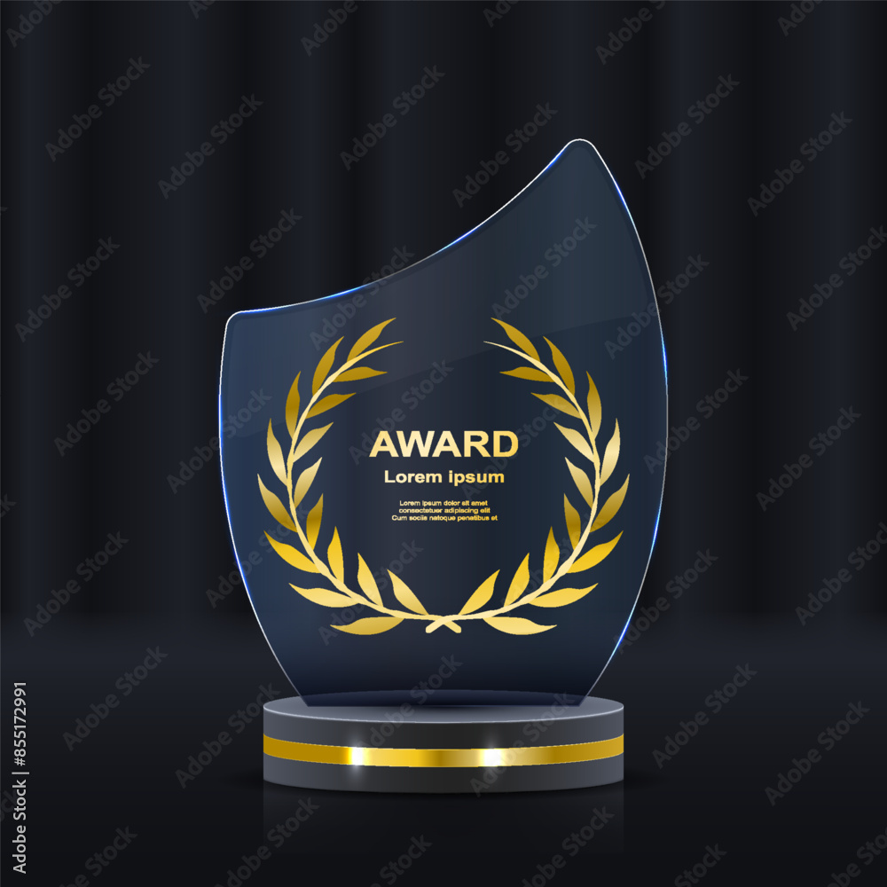 Set of glass award trophy with laurel wreath. Transparent prize ...