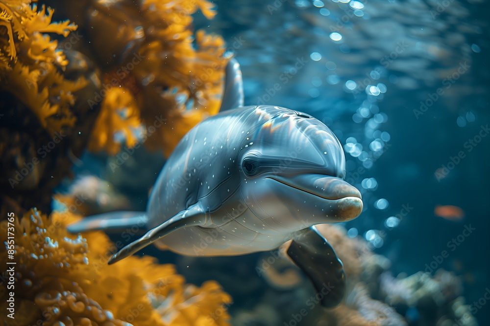 Cute dolphin close up among coral reefs and brown algae in clear blue ...