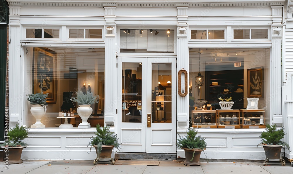 A white storefront with expansive display windows, showcasing elegant ...