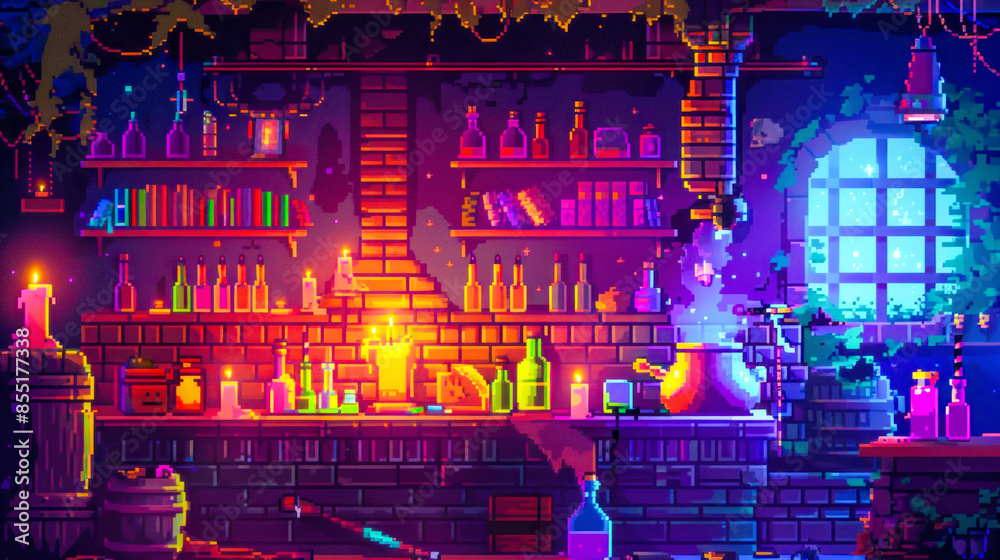 Alchemist's laboratory in pixel art style, filled with glowing potions ...