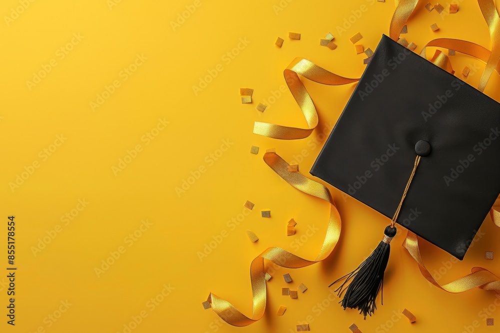 Black graduation cap with tassel, diploma and golden ribbons on yellow ...