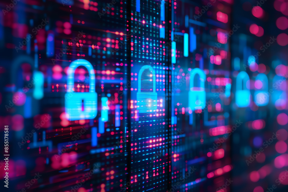 Advanced cybersecurity defense against data breach, side view, network ...