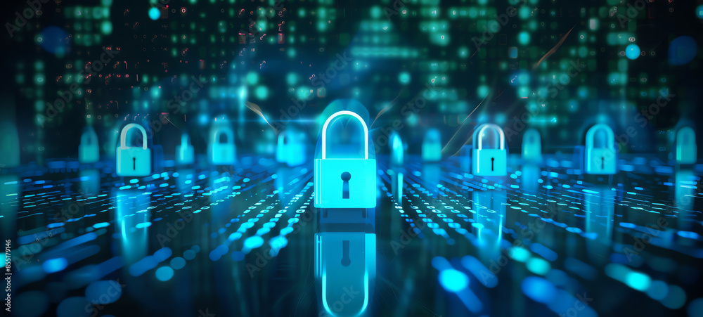 Hightech network protection with encrypted nodes, front view, secure digital communication ...