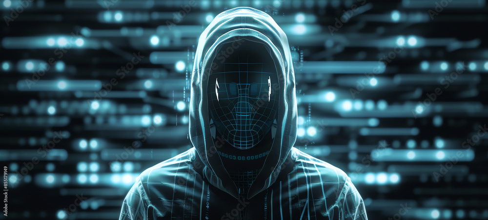 Hightech hacker infiltration with biometric hacking tools, front view ...