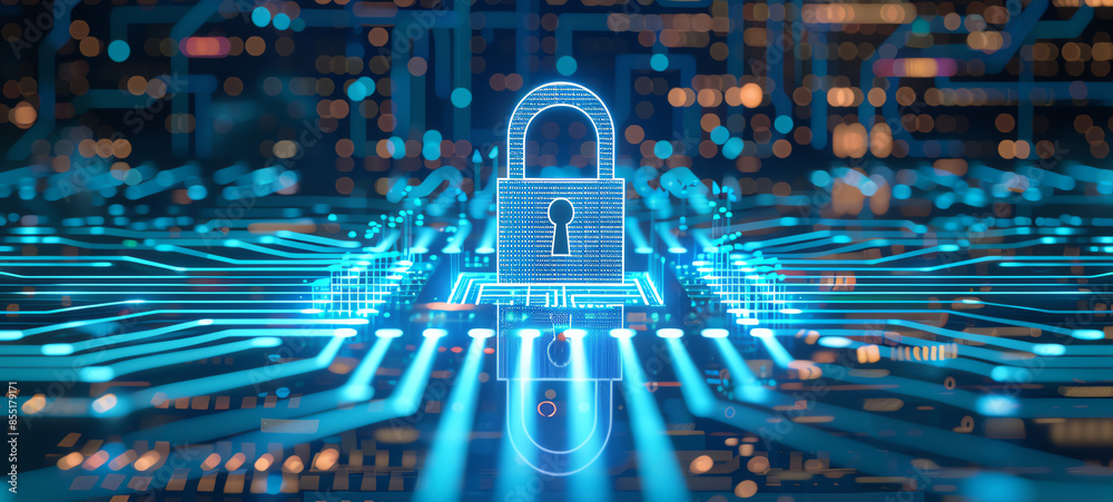 Hightech network protection with encrypted nodes, front view, secure digital communication ...