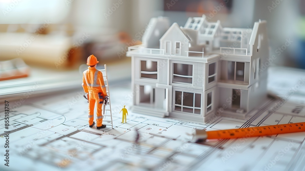 Miniature Architectural Model and Construction Worker Figurine on ...