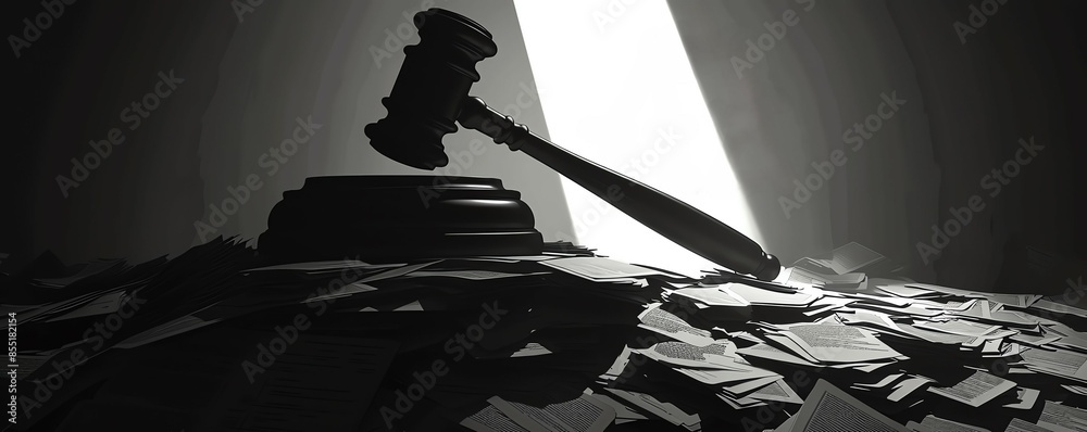 Gavel casting a long, dark shadow over a pile of legal papers and a ...